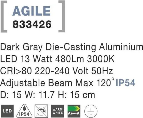 NV 833426 Venkovní nástěnné svítidlo AGILE tmavě šedý hliník LED 13W 3000K 220-240V nastavitelný úhel max 120st. IP54 - NOVA LUCE