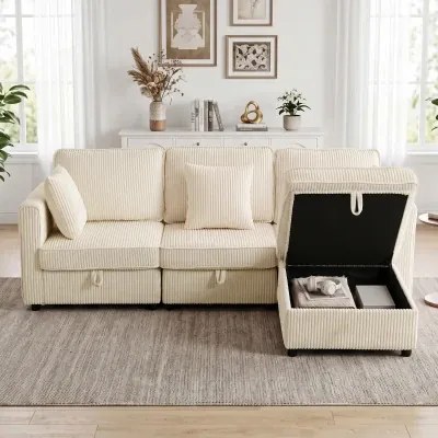 HOMCOM 3-místná chaise-longue s úložným prostorem a obrátitelnou otomanským sedadlem z kordového materiálu 235x153x85 cm krémově bílá
