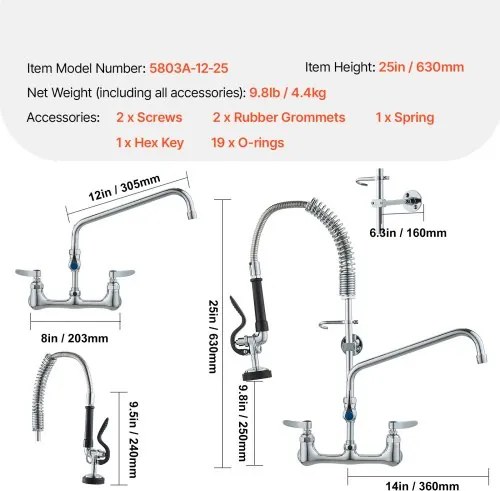 Komerční baterie s oplachovacím rozprašovačem, 63,5 cm výška, 20,3 cm střed, 30,5 cm