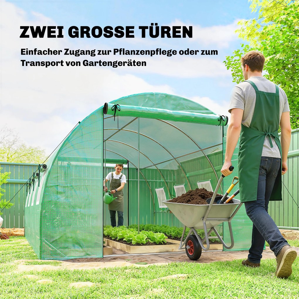 Skleník cca 4 x 3 x 2 m Fóliový skleník s rolovací tyčí 2 dveře na zip a 8 oken se síťkou Podpěrné tyče Zelená barva