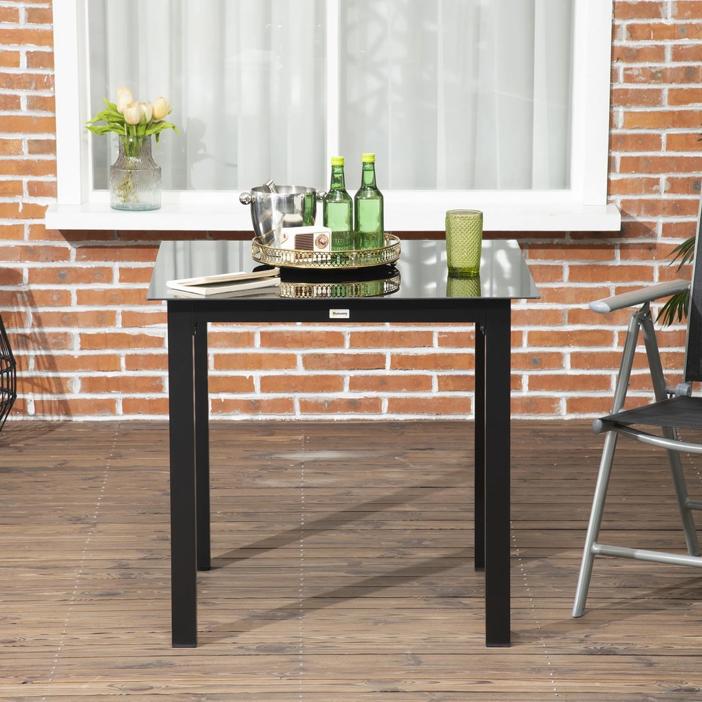 Outsunny zahradní stůl čtvercový pro 4 osoby, stůl na terasu s deskou z tvrzeného skla, hliníková černá 80x80x74cm pro zahradu a balkon