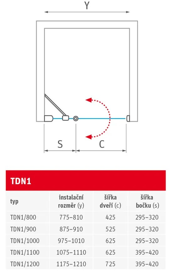 Roth TOWER LINE TDN1 Jednokřídlé sprchové dveře pro instalaci do niky 120 cm Profil: Lesk, Sklo: Hladké čiré