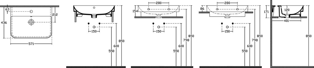 Isvea, SOTT AQUA umyvadlo 57 cm, zápustné do desky, 10SQ50057