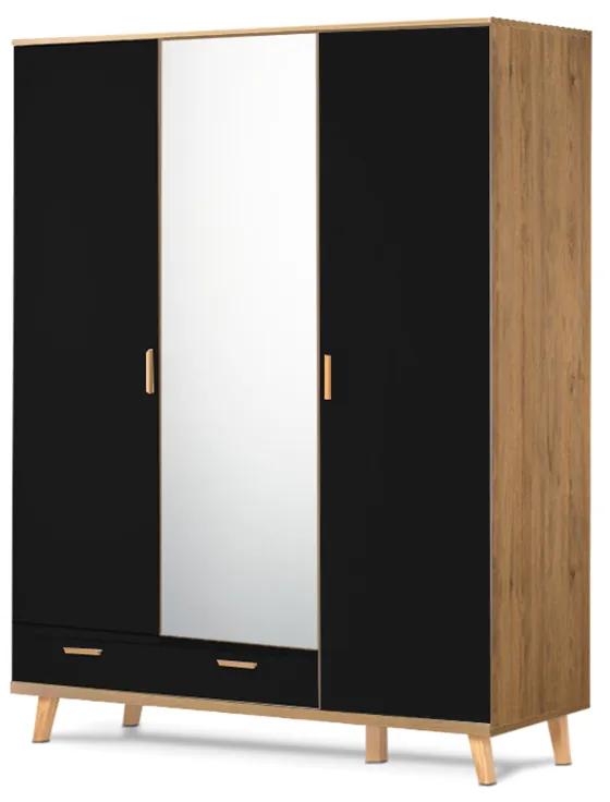 KONSIMO Šatní skříň se zrcadlem FRISK černá/dub 150 x 195 x 58
