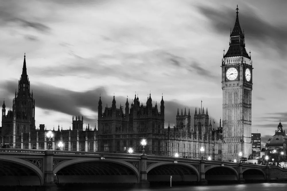 Samolepící fototapeta noční černobílý Big Ben v Londýně - 450x300 cm
