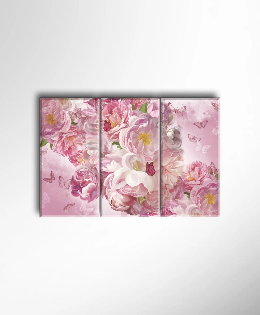 Malvis ® Obraz růžové květy s motýly ROZMĚR (šířka x výška): třídílný obdélník 150x60 cm