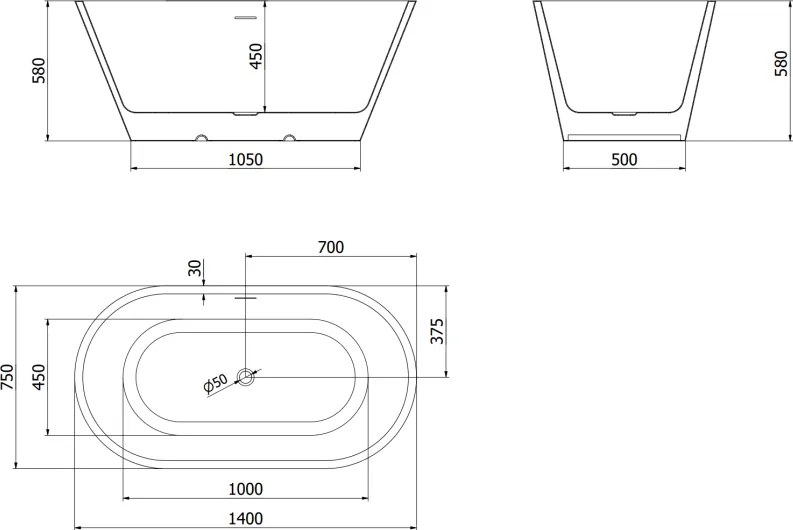 Mexen Luna, volně stojící vana 140 x 75 cm, bílá/černá, zlatý lesklý přepad, 52031407575-50