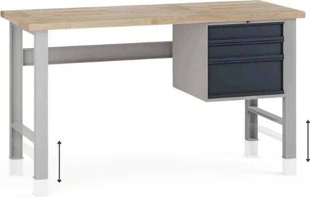 Výškově nastavitelný dílenský stůl G7, buková spárovka, 1700 x 800 x 840-1040 mm, 1x kontejner, 3 zásuvky, grafit
