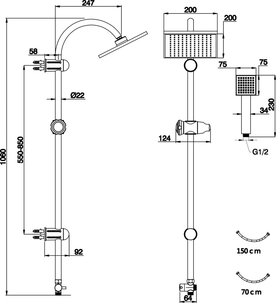 Novaservis Sprchové soupravy - Sprchová souprava, horní a ruční sprcha s držákem a hadicí, výška 1060 mm, chrom, SET031,0