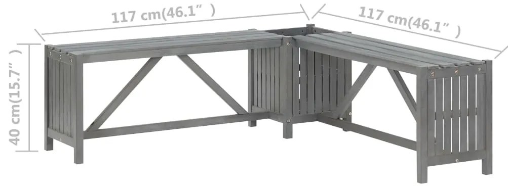 vidaXL Marketos Zahradní rohová lavice s truhlíkem 117 cm masivní akácie šedá
