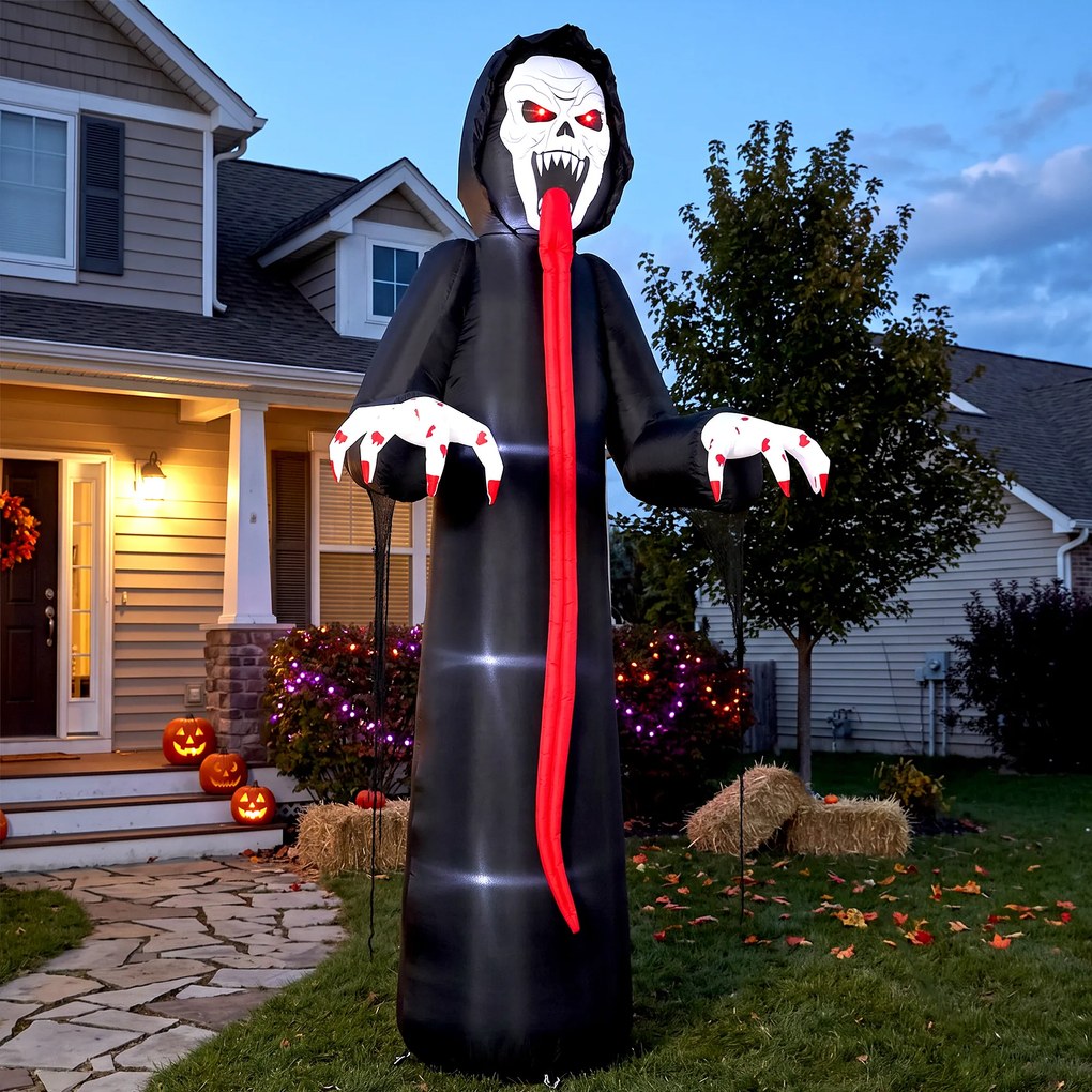 Outsunny Nafukovací Halloween kostlivec, 310 cm, s integrovanými LED světly, strašidelná dekorace pro vnitřní i venkovní použití