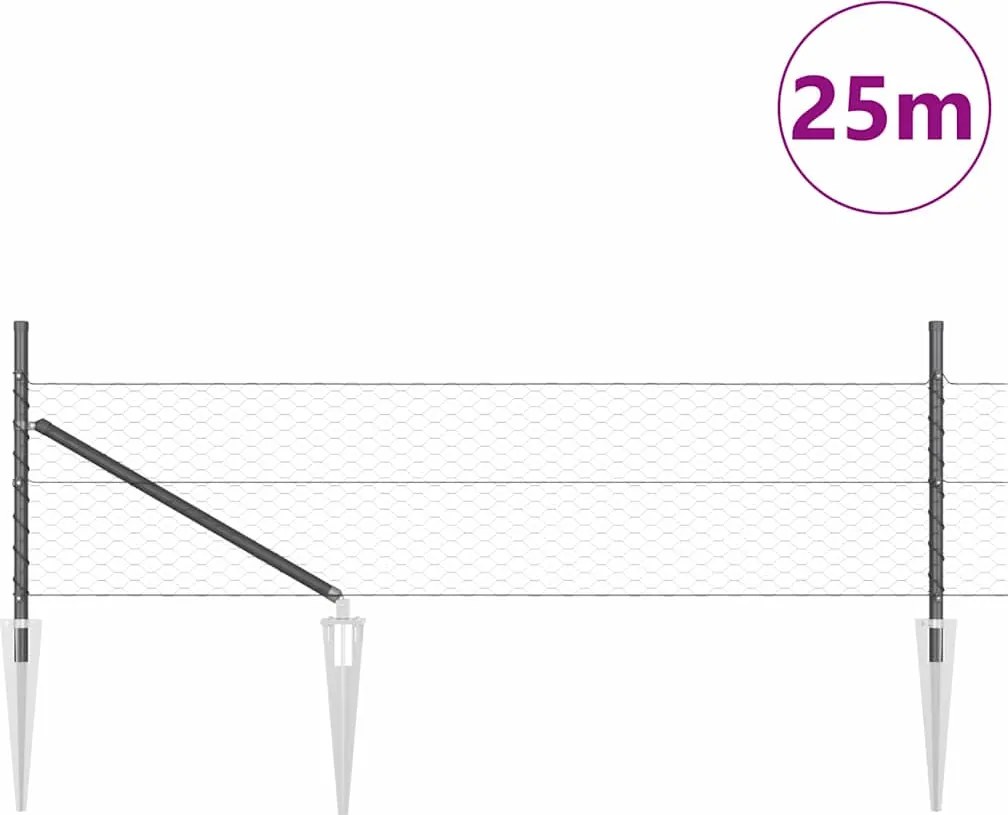 Hexagonální plot s podpěrou 25 x 0,8 m Ocel potažená PVC Šedá 3353233