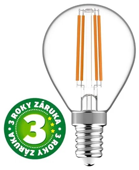 Ultra úsporná prémiová retro LED žárovka E14 4,9W 806lm G45 denní filament ekv. 60W 3 roky