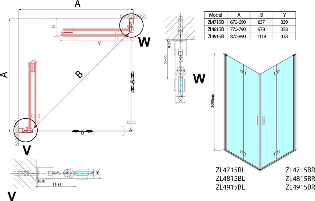 Polysan ZOOM BLACK sprchové dveře skládací 80 x 200 cm čiré sklo pravé profil černý ZL4815BR