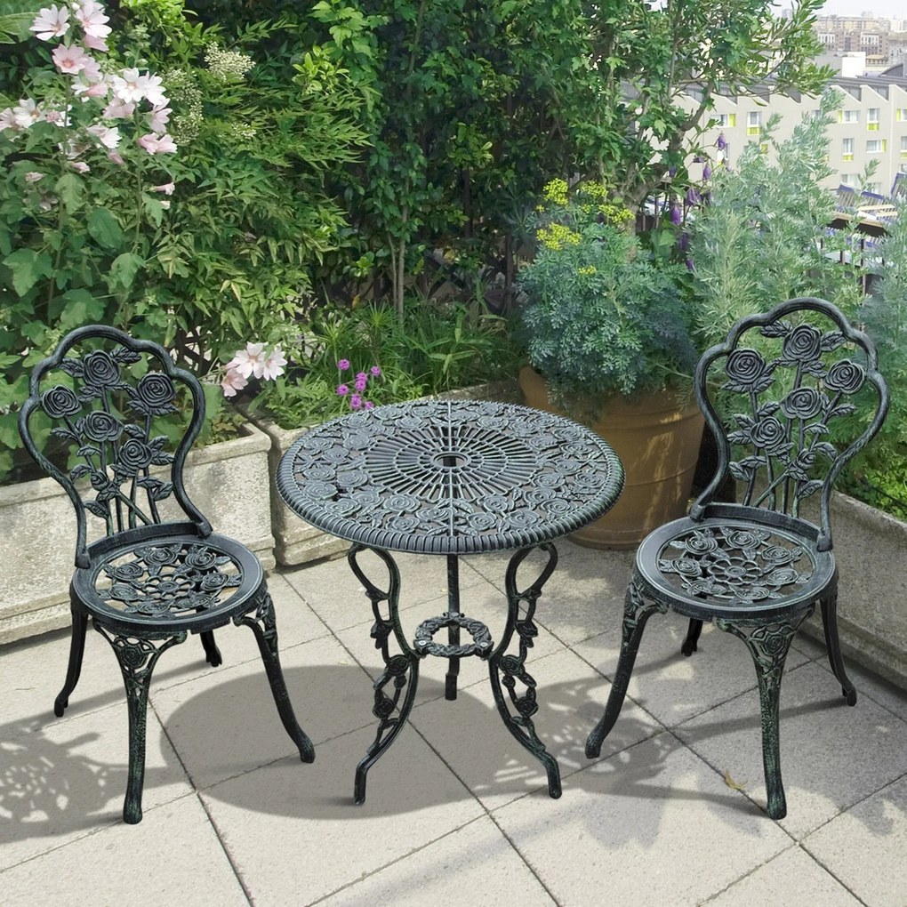 Outsunny bistro set 3-dílný zahradní set starožitně zelený litý hliníkový zahradní nábytek na balkon a terasu