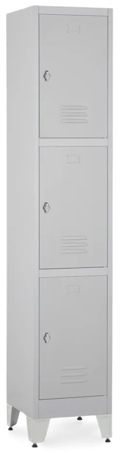 Kovová šatní skříňka - 3 boxy, 38 x 45 x 196,5 cm, nastavitelné nožky, otočný zámek, světle šedá - ral 7035
