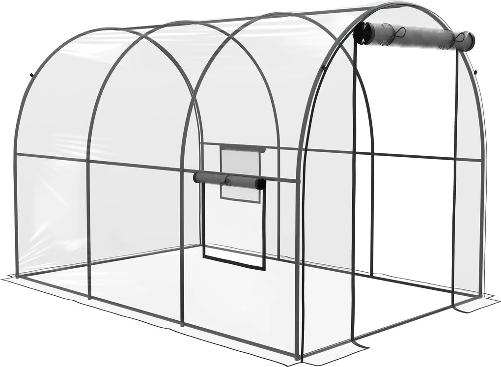 Zahradní skleník Outsunny - Tonnel pro rajčata, půdorys 6 m², 3L x 2W x 2H m, zpevněný trubkový rám, zipové dveře, 2 vysouvací okna - Průhledný | Aoso