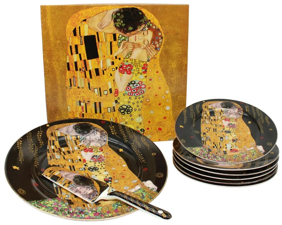 HOME ELEMENTS Dortový set: dortový talíř, 6 x talíř, dortová lžíce, Klimt, Polibek tmavý