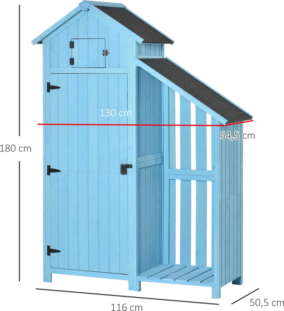 Outsunny zahradní kůlna na nářadí s úložným prostorem na palivové dřevo 3 police asfaltová střecha jedlové dřevo nebesky modrá 130x54,5x180cm pro zah…