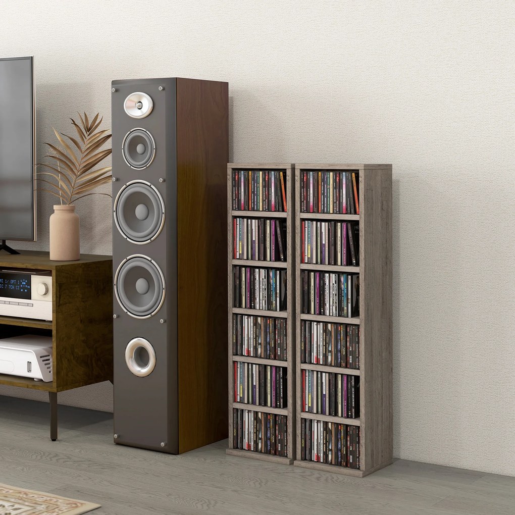 HOMCOM Sada 2 sloupcových polic pro ukládání CD-DVD kabinet 6 + 6 přihrádek 21 x 22,5 x 88,5 cm max. kapacita 204 CD tmavě šedá
