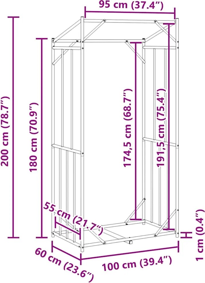 vidaXL Stojan na palivové dřevo s krytem proti dešti 100x60x200 cm