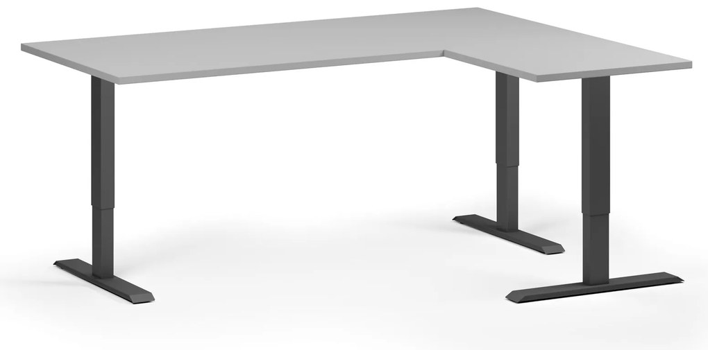 Rohový výškově nastavitelný stůl, 180x140 cm, 3 motory, L/P, černá podnož, šedá