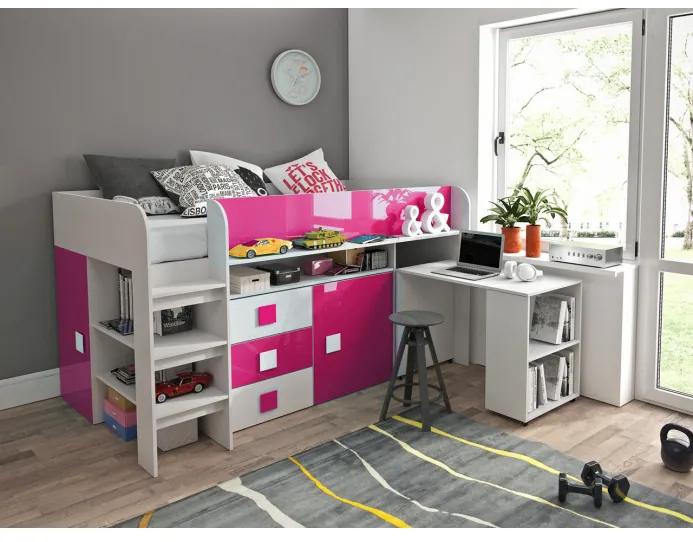 Dětská postel s psacím stolem a úložným prostorem Sisi - bílá/růžová