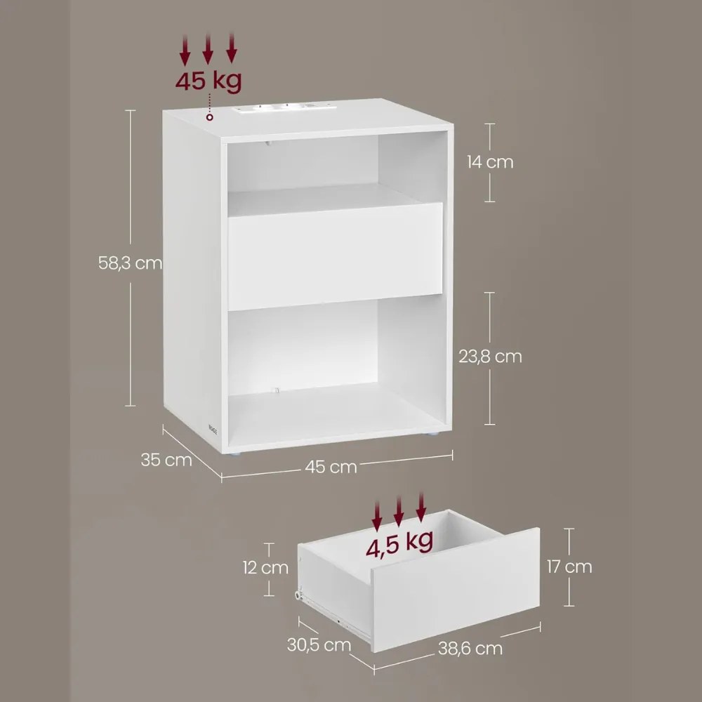 Noční stolek s funkcí nabíjení LUCIANO, 35x45x58,3 cm, bílá Vasagle