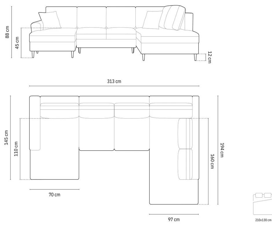 Modrá sametová rozkládací/s úložným prostorem rohová pohovka (pravý roh/do "U") Kyoto – Cosmopolitan Design