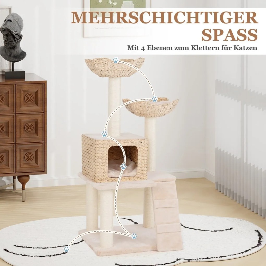 Costway Cattail cat tree se sisalovými sloupky a sedadlem a domečkem pro kočky