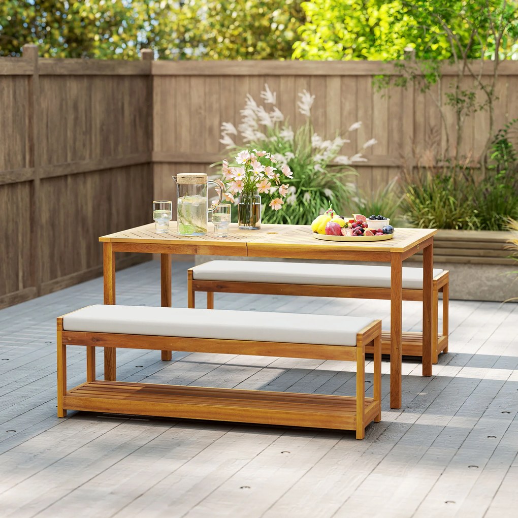 Outsunny 3dílná sada zahradního nábytku, sedací souprava včetně 1 jídelního stolu s otvorem pro slunečník, 2 lavice 150 x 85 x 75 cm teakové dřevo