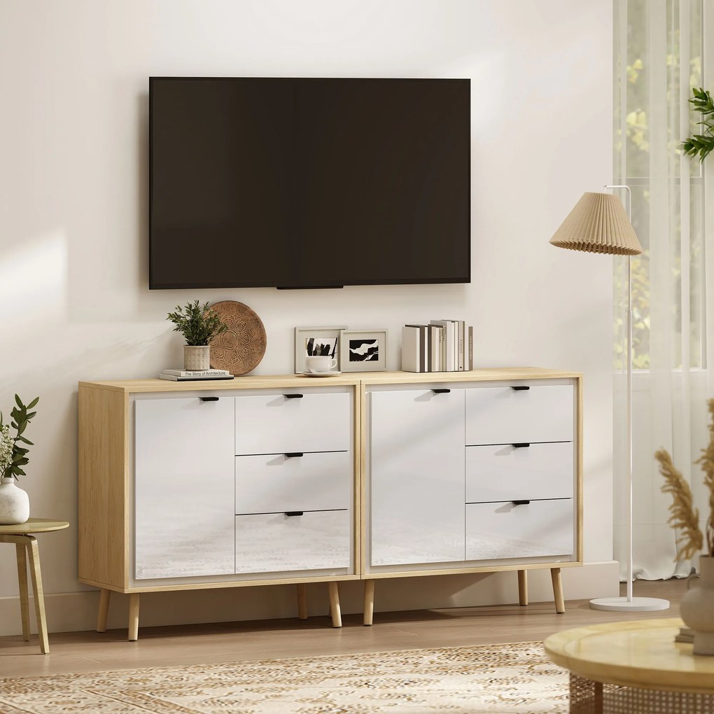 HOMCOM Moderní sideboard se 3 zásuvkami a skříní, nastavitelná vnitřní police a lesklé dveře, bílé a dubové