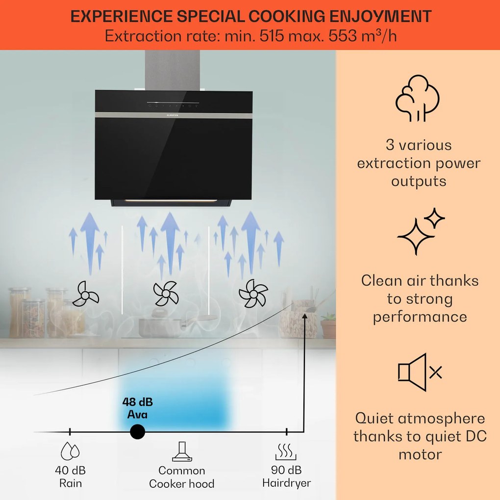 Klarstein Ava 60 Smart, digestoř, 60 cm, nástěnná, Wi-Fi, A++, 515 m³/h, dotykový displej