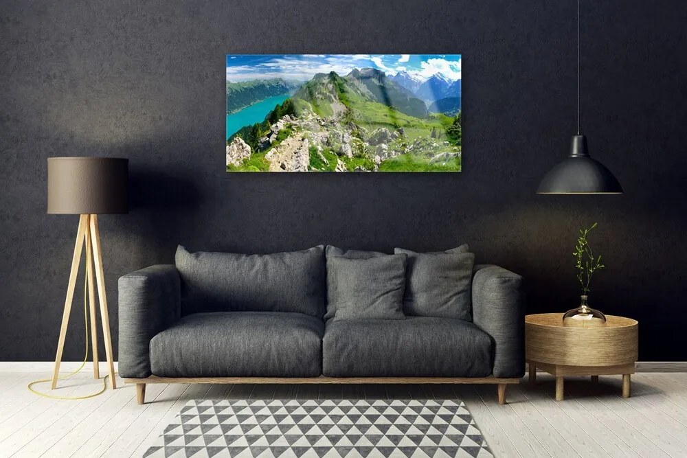 Obraz na skle Louka Hory Krajina Příroda 125x50 cm