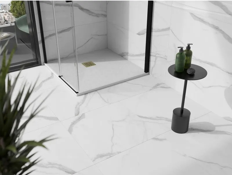 Mexen Stone+, čtvercová vanička z minerálního kompozitu 100 x 100 cm, bílá, zlatá lesklá krytka, 44101010-G