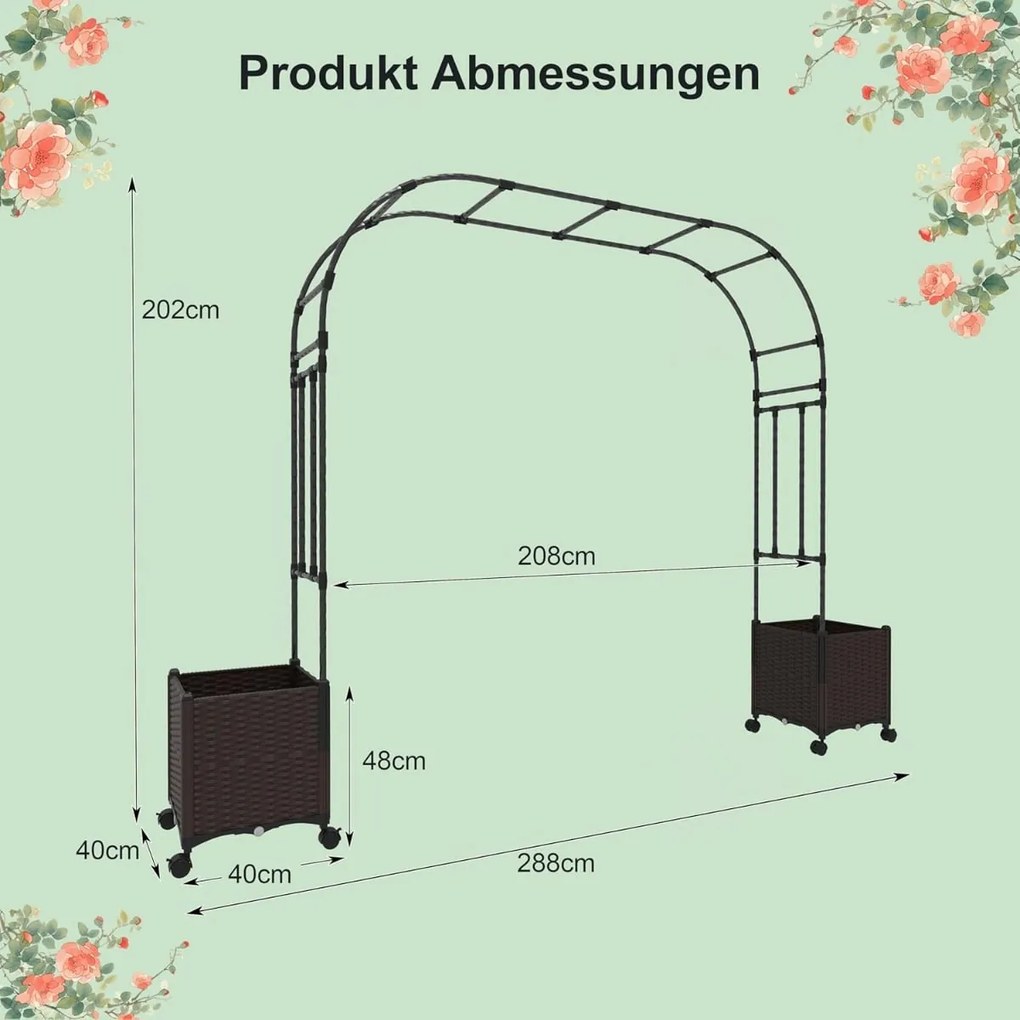 Costway Zahradní oblouk mřížovina s 2 truhlíky venkovní pergola mřížovina kovový
