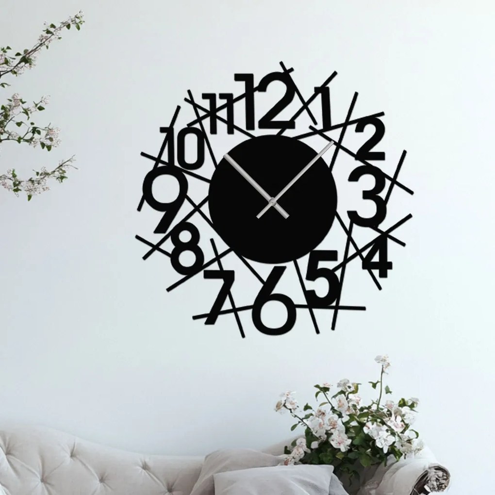 dřevo života Nástěnné hodiny NUMERO Zvolte barvu dekoru: Černá, Zvolte velikost hodin (cm): 60x60, Barva ručiček: Stříbrné