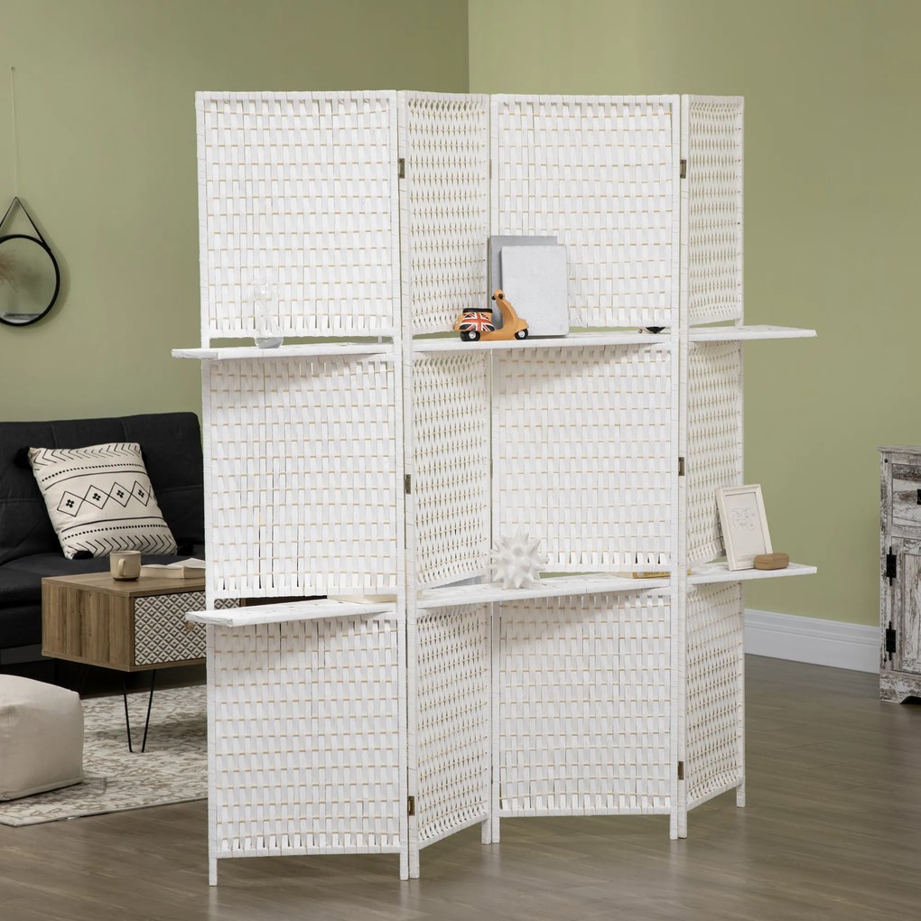 HOMCOM Skládací paraván se 4 panely 181x180 cm s policemi, dekorativní oddělovací příčka do ložnice, obývacího pokoje, kuchyně - Bílá