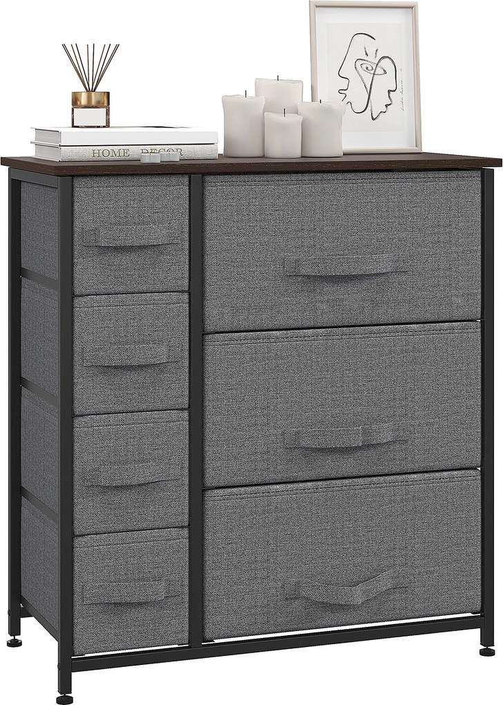 HOMCOM Skříňka s šuplíky a skládacími látkovými zásuvkami, kovový rám + dřevo + netkaná látka, tmavě šedá 63,5 x 30 x 71 cm | Aosom