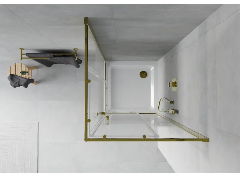Mexen Rio, čtvercový sprchový kout s posuvnými dveřmi 80 (dveře) x 80 (dveře) x 190 cm, 5mm čiré sklo s pásky, zlatý profil + bílá sprchová vanička SLIM, 860-080-080-50-20-4010G