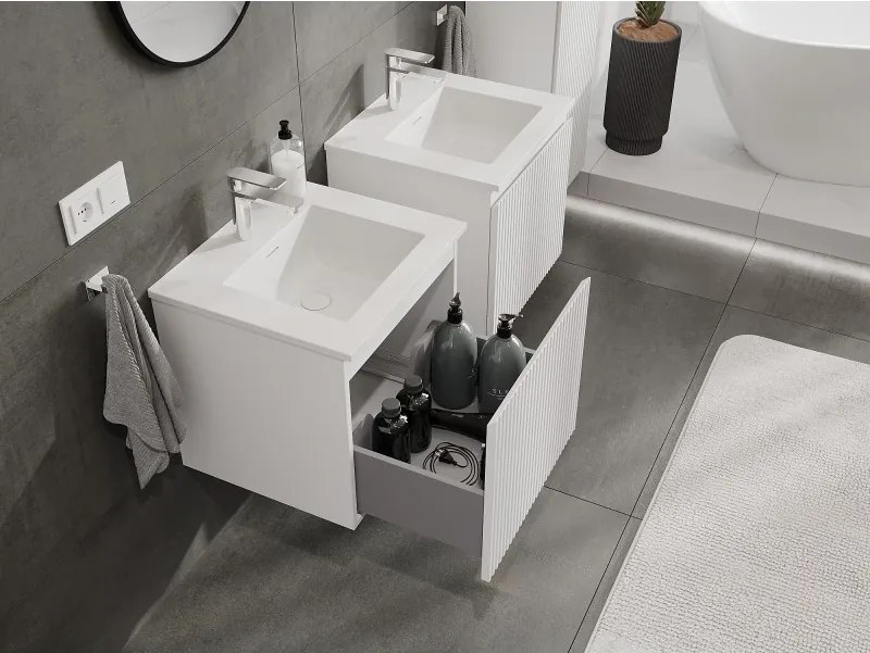 Mexen Rivel, koupelnová skříňka 50 cm s umyvadlem Otis, 1 zásuvka, drážkovaná, bílá matná, 91A20-05047-1-BF01-W18M01