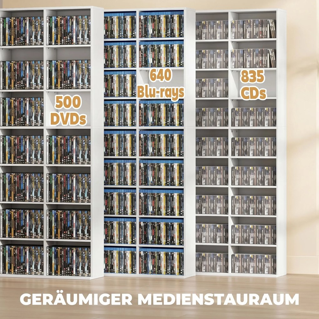 Regál na CD/DVD HOMCOM pro 835 CD nebo 500 DVD, police na Blu‑ray s 27 přihrádkami a 21 nastavitelnými policemi, věž na média do obýváku, ložnice neb…