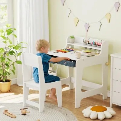 AIYAPLAY Dětský psací stůl s židlí, 2 zásuvky a držák na hrnek, Bílá, 62,8×55,6×73,8 cm