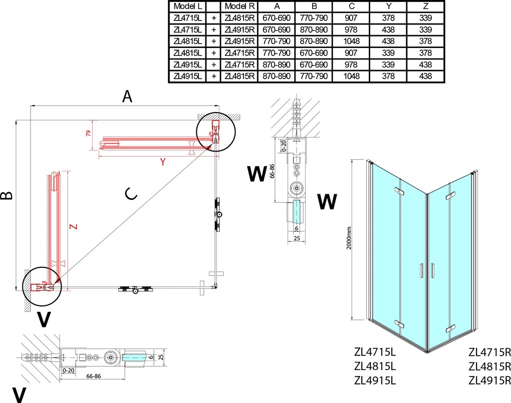 Polysan ZOOM obdélníkový sprchový kout 700 x 900 mm rohový vstup ZL4715R-02