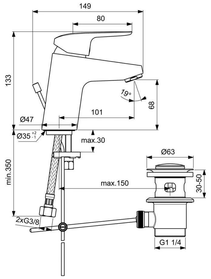 IDEAL STANDARD CeraFlex- umyvadlová baterie stojánková, 68mm, s odt. garniturou (5l / min) B1708AA