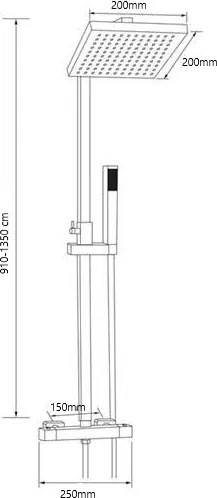 Gamma Cube, sprchová souprava s termostatickou baterií, hlavovou a ruční sprchou, výška 91-135cm, černá matná, GMA-BCEZNT-BK