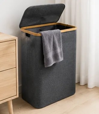 koš na prádlo, objem 60 l, s víkem, oxford/bambus, 66x41x22 cm, šedá/přírodní, Dekorino KP20260010
