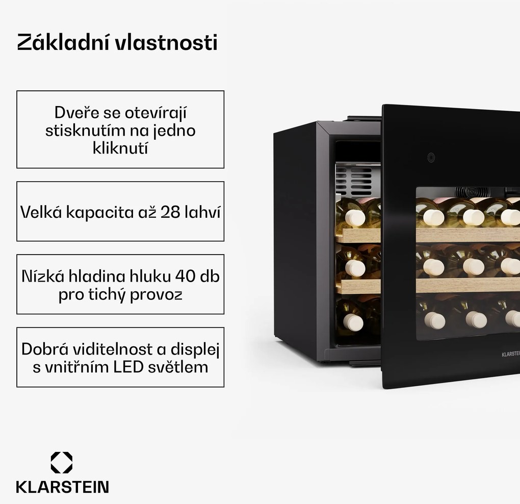 Klarstein Chladnička na víno Rhone 28 Uno, 28 lahví, LED ovládání, push-to-open, tichý chod