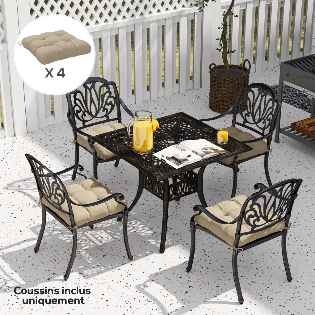 Souprava 4 zahradních polštářů Outsunny, prošívané venkovní polštáře, 10 cm výplň s vázáním, rozměr 48Š x 48H cm, Khaki