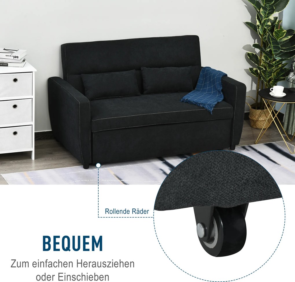 HOMCOM Rozkládací pohovka 2místná s funkcí spánku nastavitelný úhel látková pohovka černá 148 x 82 x 89 cm do obývacího pokoje | Aosom.de
